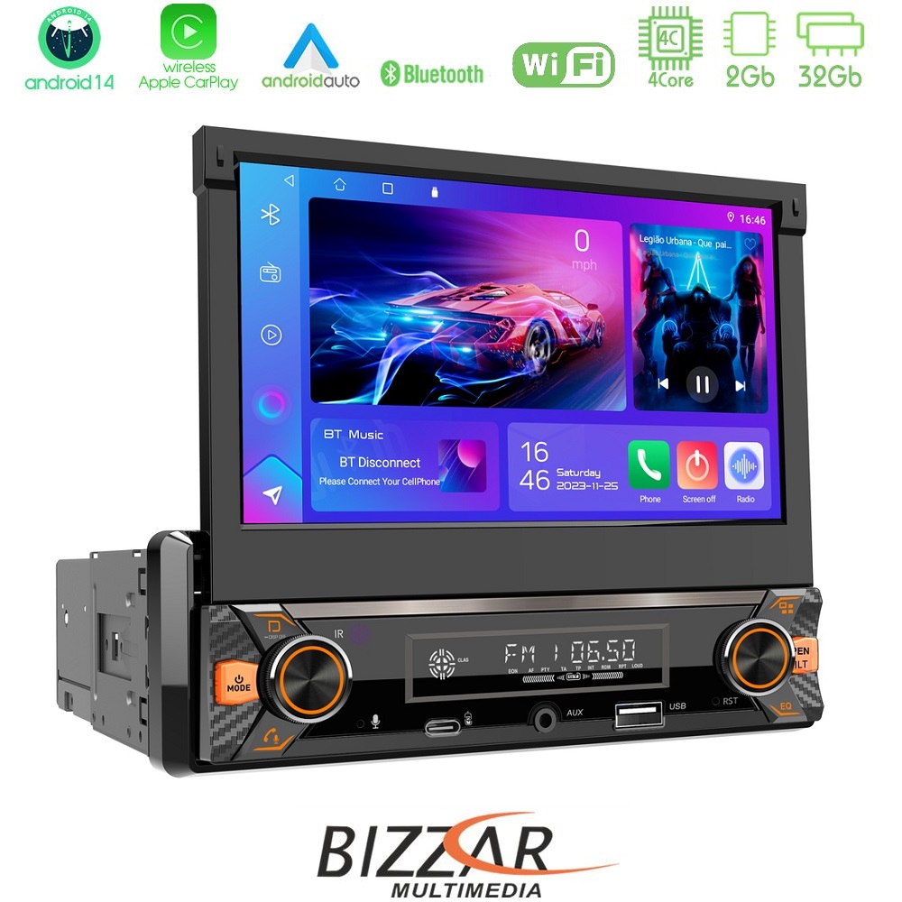 Bizzar 1DIN Deck 4core Android14 2+32GB Navigation Multimedia Deckless ...